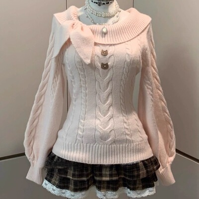 日系长袖套头兔耳领收腰修身针织