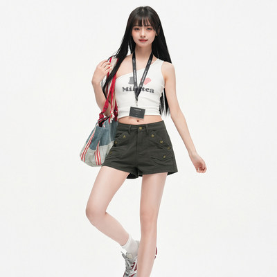 美式辣妹风军绿色牛仔短