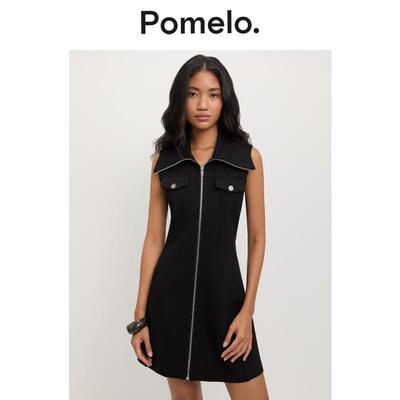Pomelo 通勤黑色无袖翻领收腰显瘦拉链连衣裙女