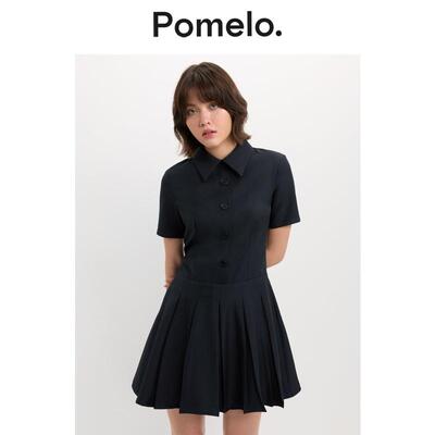 Pomelo褶皱纽扣连衣裙-深藏青