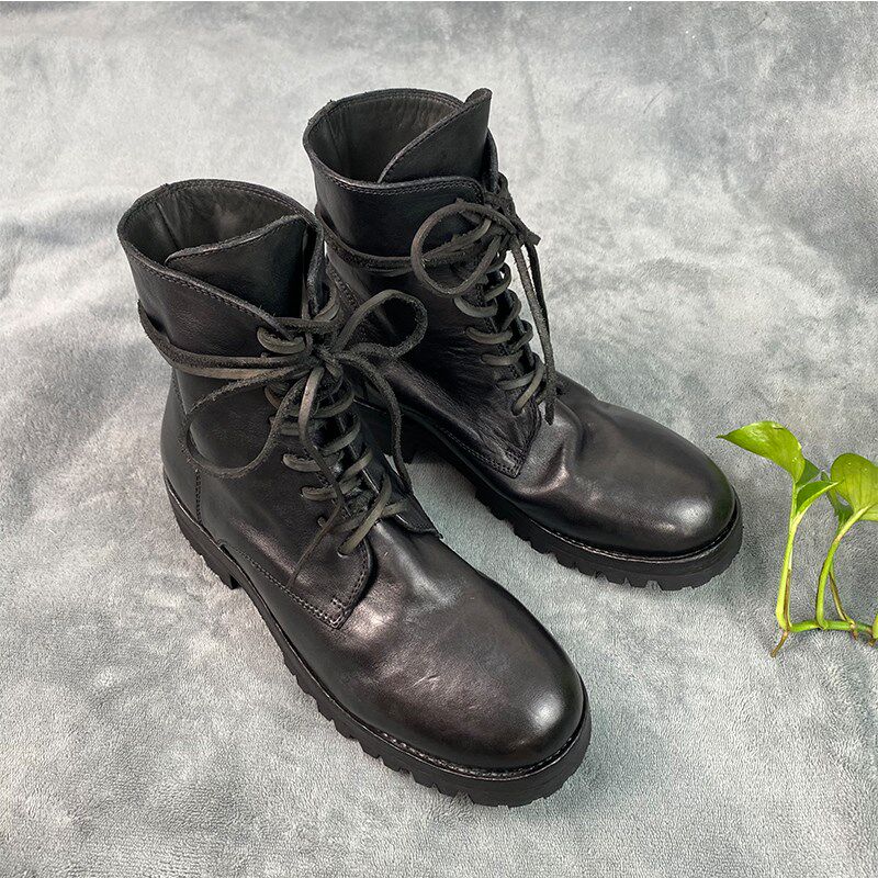 guidi795v鬼帝男马皮短靴A水洗做旧褶皱绑带圆头中帮男女马丁靴