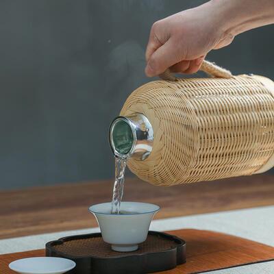 秋日秋复古传风竹编玻璃内保温ECA保冷闷茶壶家用统胆木塞暖热水