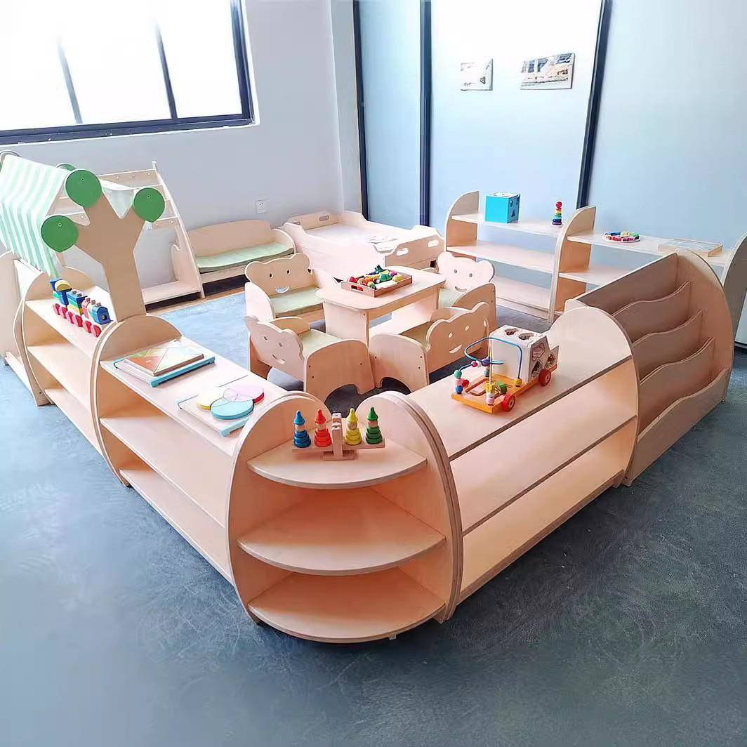 幼儿园托育中心玩具教室布置早教区角11柜蒙教具柜置氏物架实木桌