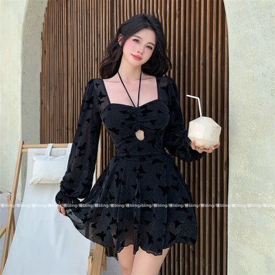 绝美大尺码泳衣女胖mm黑色高级感裙式连身遮肉胖女孩海边度假小众