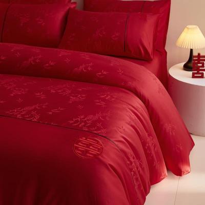 中式爱心婚四结件套大红色品床单被纯棉婚庆床上用婚房套F8S6JTM