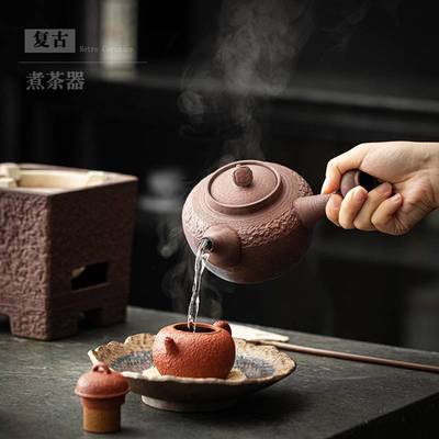 陶瓷煮茶炉烤炉粗陶碳炉酒精茶炉明火中式侧把壶煮茶壶围炉煮茶器
