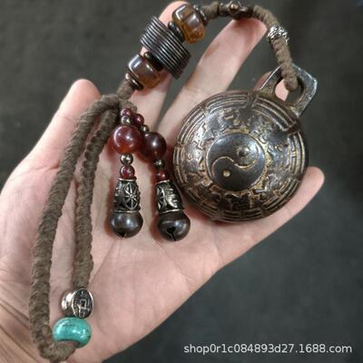 古玩铜器头八铃QES铛手把件绳藏卦银五帝铜钱手把收藏兽铃铛文玩