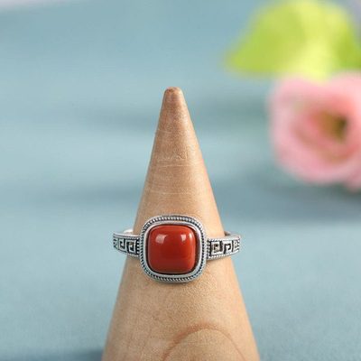 人品银品泰银复古手饰s925银镶南红玛瑙戒指开口祥云纹指环做旧