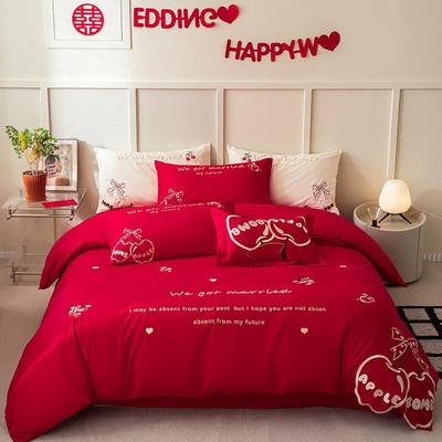 结婚床上件套120s长棉DW-91008绒棉轻奢红色纯床四通单喜被套婚庆