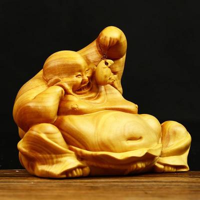 黄杨雕笑弥勒玩乐逍遥手把件件工艺品乐逍遥家居装饰文车内摆实木