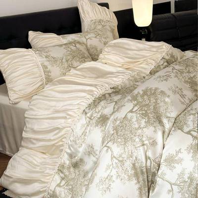 法式复古风水天洗真丝四件主套公风凉感冰丝被套DIJ床单丝滑裸睡