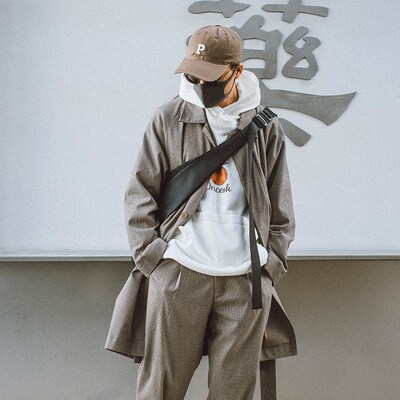 【349元任选3件】季千鸟格纹中长款BFI宽松气质青年束带工装风衣
