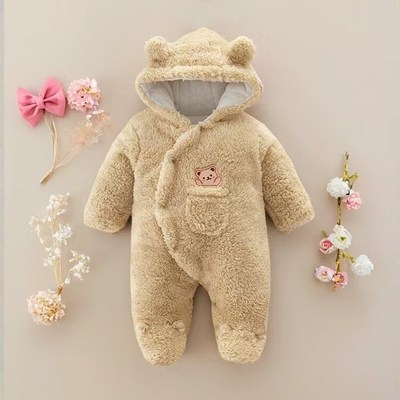 婴儿连体衣秋冬季厚夹棉保暖刚出生男女宝宝棉衣新生儿外出服带帽