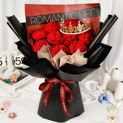 工七夕情人节礼物红瑰针花织束手毛线花成品爱心di00081y材料玫包