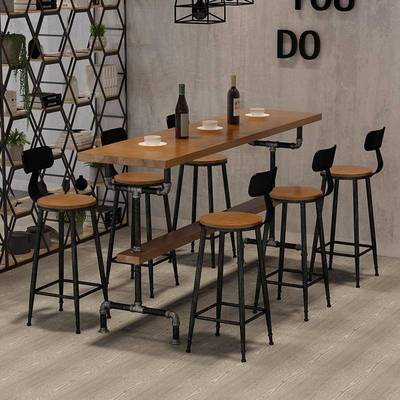 美式工酒业风古水管实复木吧台桌LD-05220椅咖啡厅奶茶店厅餐吧铁