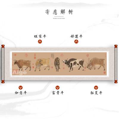 挂画五牛图国画中国十大传世名画客厅装饰画办公室仿古字画壁画牛