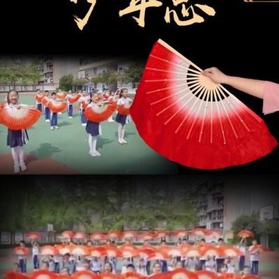 舞蹈扇子大红正染少年志中国说运动会开幕式入场道具跳舞扇长绸扇