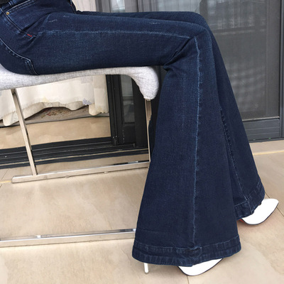 超大喇叭牛仔裤女加绒加厚冬季高个子黑色高腰复古加长版鱼尾裤