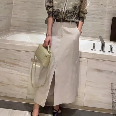 欧货正品杏色开叉设计感西装半身裙女2025夏季新款时尚轻职风长裙