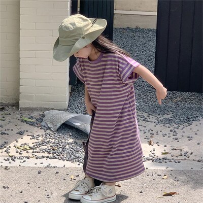 韩系兄妹装2024夏女宝纯棉条纹连衣裙慵懒风宽松休闲长裙森系穿搭