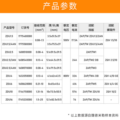 魏德米勒接线端子ZDU1.5/4AN 2.5/3AN 16平方一进两出6弹簧导轨10