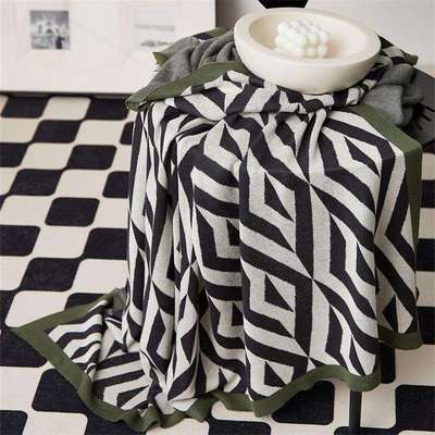 丝光棉混色毛毯盖毯-罗文 130*160cm 黑白简单色菱格条纹家居盖毯