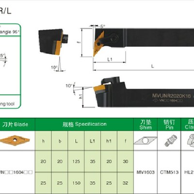 MVUNR/L2020K16/2525M16 复合式数控车刀杆 95度压板式外圆车刀