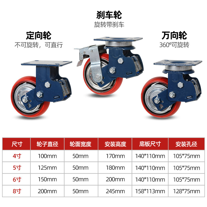 6寸弹簧减震万向轮轮子重型脚轮5工业承重铁芯聚氨酯设备仪器轱辘