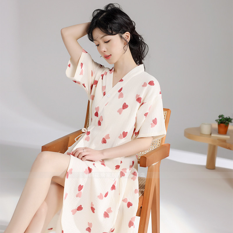 纯棉纱布绉布睡袍浴袍女晨袍日式和服甜美夏睡衣浴衣汗蒸服美容院