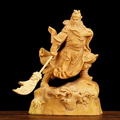 黄杨木雕精品实木家居雕刻工艺品礼物武财神摆件跨步关公