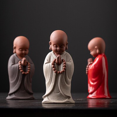 陶瓷小摆件站姿可爱沙弥紫砂人物中式家居装饰茶桌