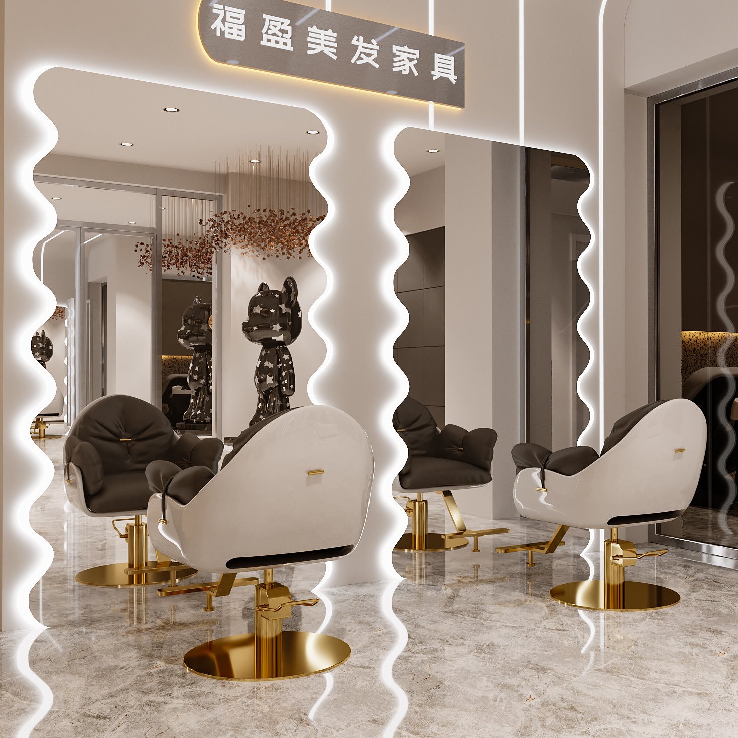 网红带灯理发店镜子美发店镜台发廊专用烫染区靠墙落地美发镜潮店