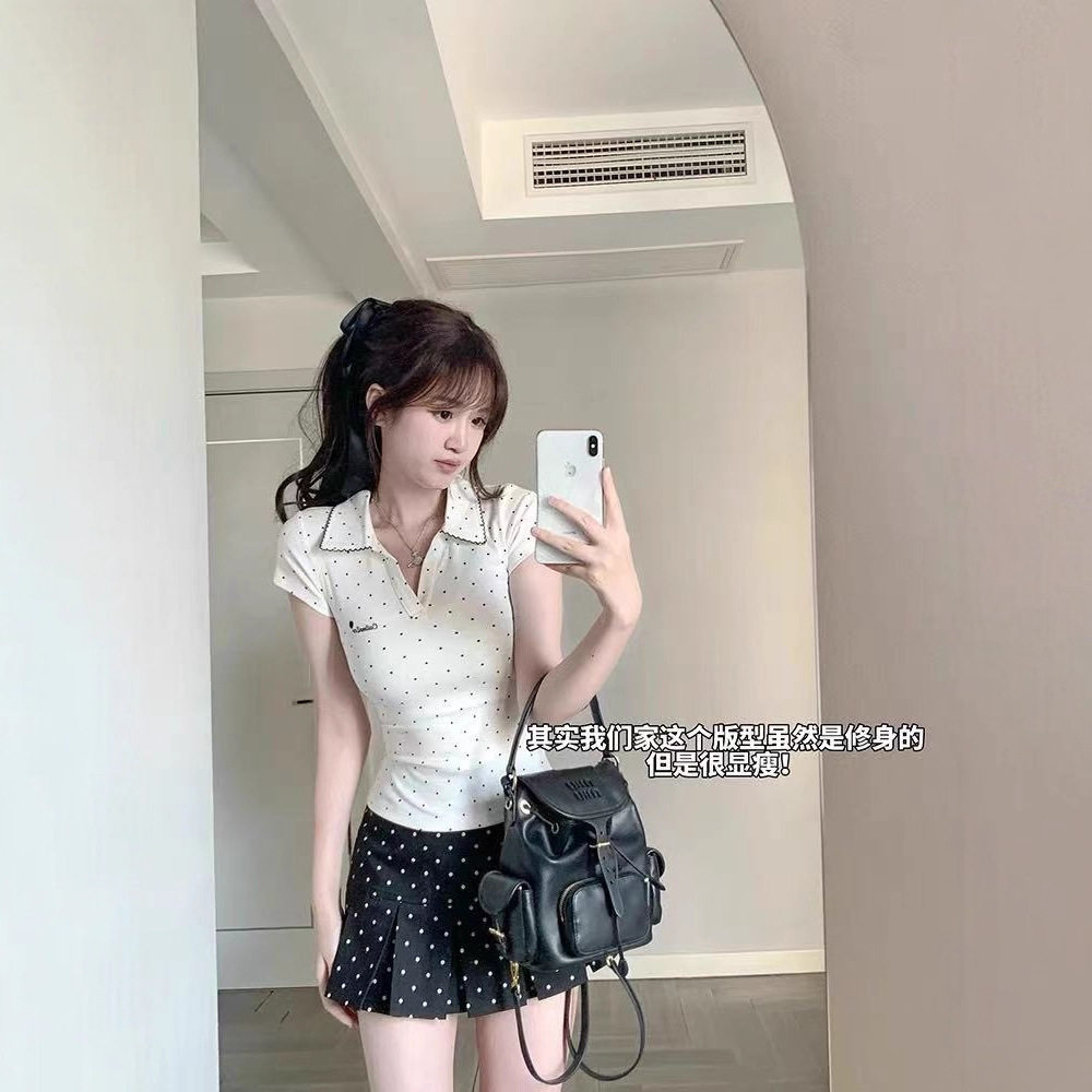 白色波点刺绣polo衫正肩短袖t恤女2025新款夏季修身短款辣妹上衣