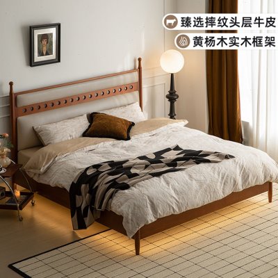 法式复古床1米8橡木实木床中古床软包双人床轻法式落地床皮艺床