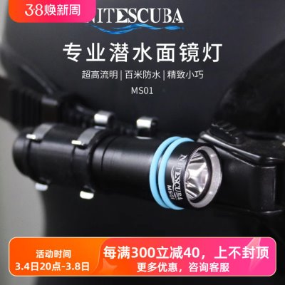 MS01迷你潜水面罩灯水下70米手电筒头灯500流明316不锈钢面罩夹
