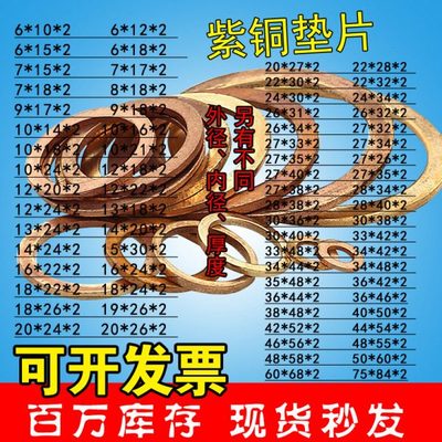 厚度2mm紫铜垫片密封铜垫片内经M15M16M17M18M19M20M22M24M纯铜垫
