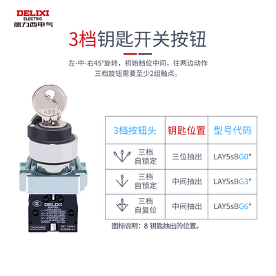 德力西旋钮钥匙控制LAY5sBG21两档自锁常开钥匙开关BG33三位单抽