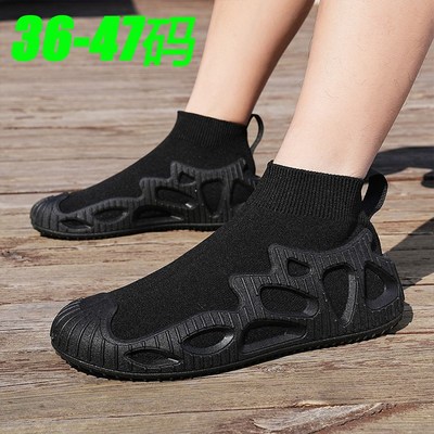 一脚蹬高帮板鞋男款全黑色网面透气运动休闲网布鞋无鞋带袜子女鞋