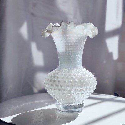 fenton芬顿褶皱花边手工珠光金粉湖绿白色玻璃花瓶水养插花器摆件