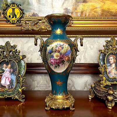 一等品 蓬巴杜绿色 奢华铜配瓷高档法式中古花瓶美式别墅欧式摆件