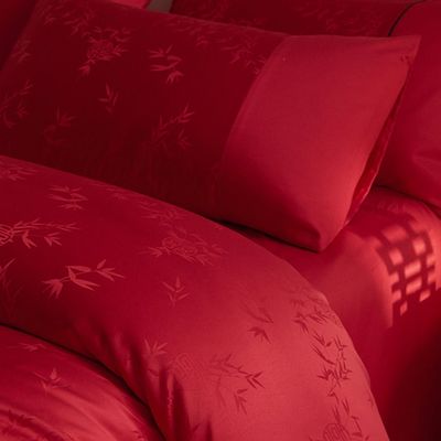 提花婚庆四件套红色结婚被套纯棉床单床笠新婚嫁喜被床上用品