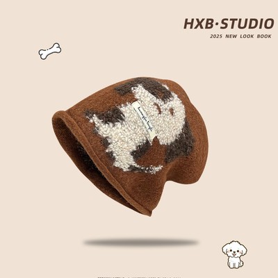 2025新款可爱小狗抽绳针织冷帽堆堆帽女秋冬保暖时尚百搭包头帽潮