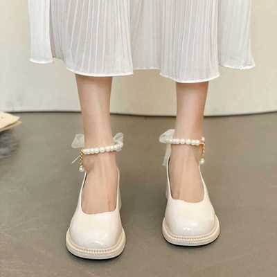 玛丽珍鞋女配裙子2022年夏季新款粗跟法式珍珠高跟仙女风小皮鞋夏
