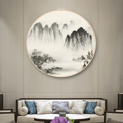 6495禅式中框山木关饰画画圆形厅客实走新挂房水壁画装书意墨玄廊