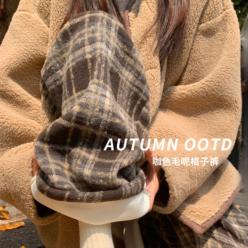 咖色复古毛呢格子裤女秋冬季高腰垂感加绒加厚棉裤直筒休闲宽裤