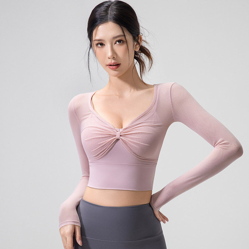 瑜伽服女2025秋季新款运动上衣绝美网纱长袖T恤普拉提训练健身服