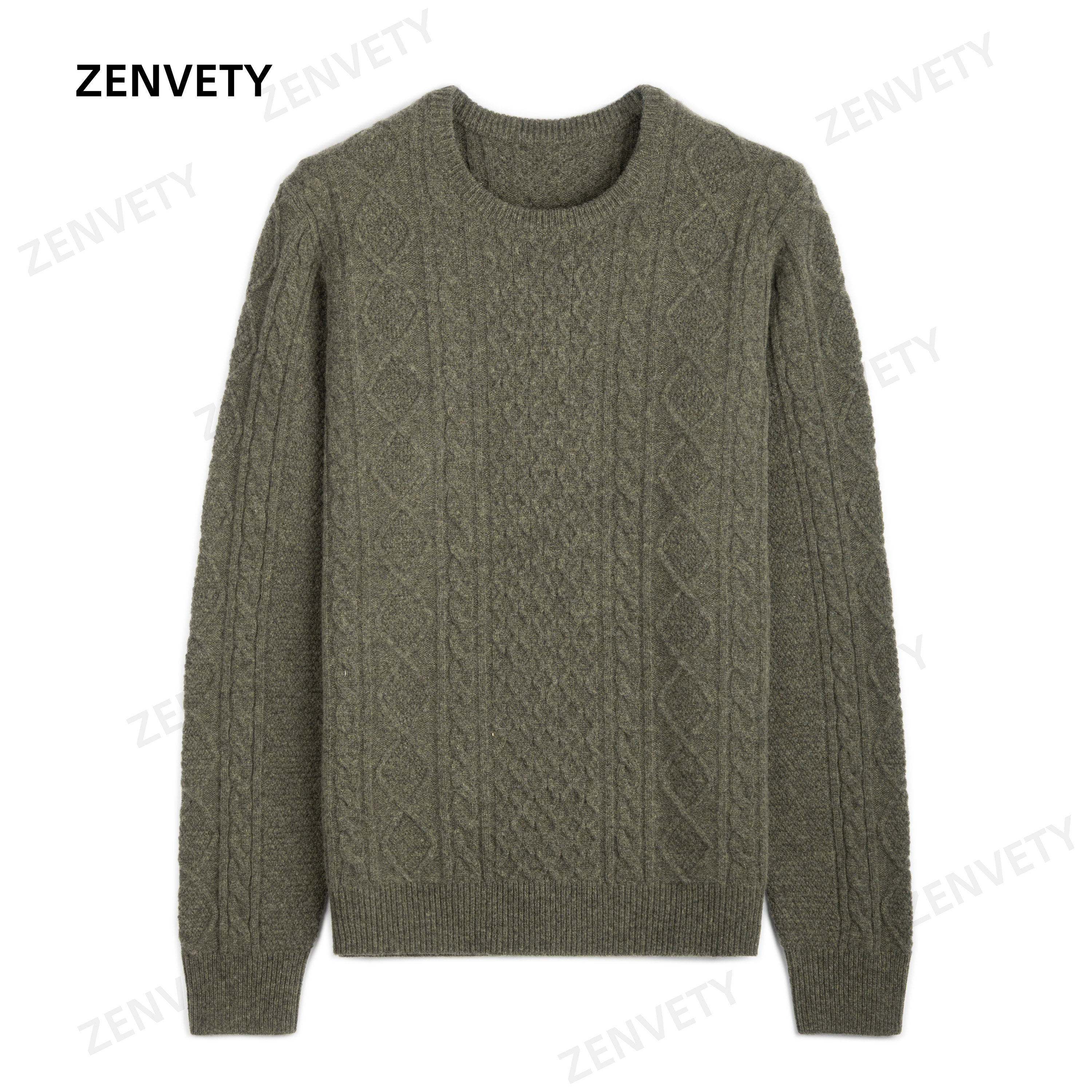 ZENVETY康赛妮羊绒男士圆领针织衫麻花重工厚款混纺毛衣老钱风