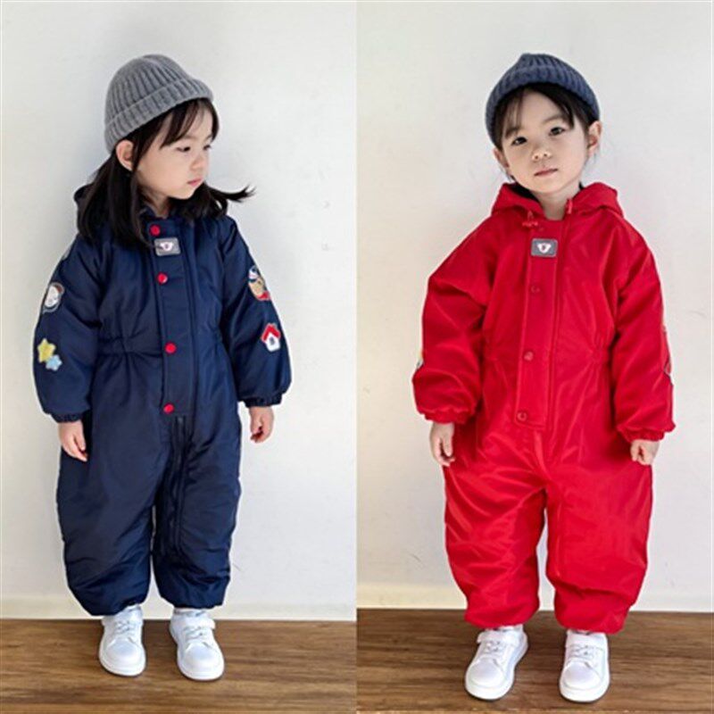2023新冬季儿童宝宝滑雪服加厚加绒保暖服男女童婴儿连身铺棉衣棉