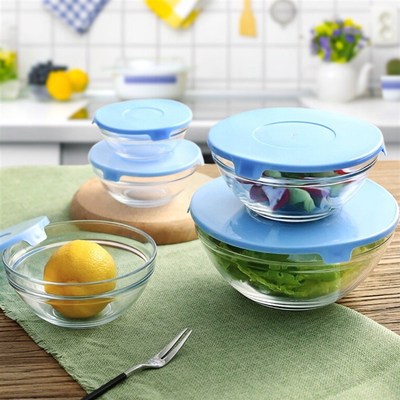 玻璃烹调碗五件套装耐热玻璃保鲜碗带盖饭盒沙拉碗微波圆形玻璃碗