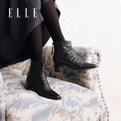 【小满专属】ELLE高跟小踝靴秋女鞋2025新款法式褶皱瘦瘦靴短靴X